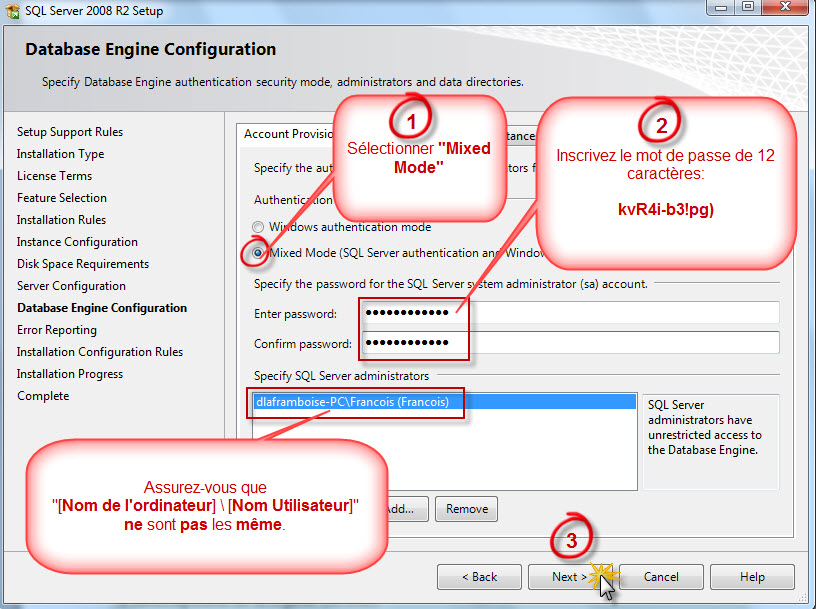 Configuration pour l'installation manuelle de Microsoft SQL 2014
